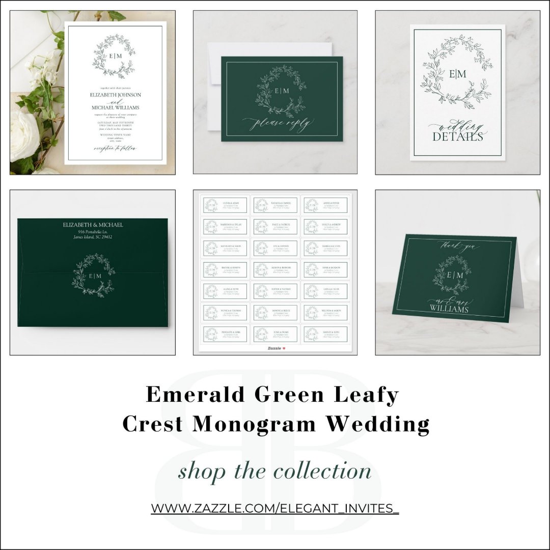 QR Code Emerald Green Leafy Crest Monogram Wedding Invitation | Zazzle