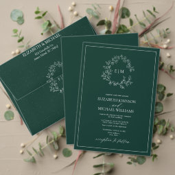Emerald Green Leafy Crest Monogram Save the Date Invitation | Zazzle