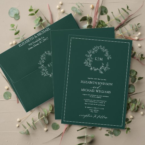 Emerald Green Leafy Crest Monogram Save the Date Invitation | Zazzle
