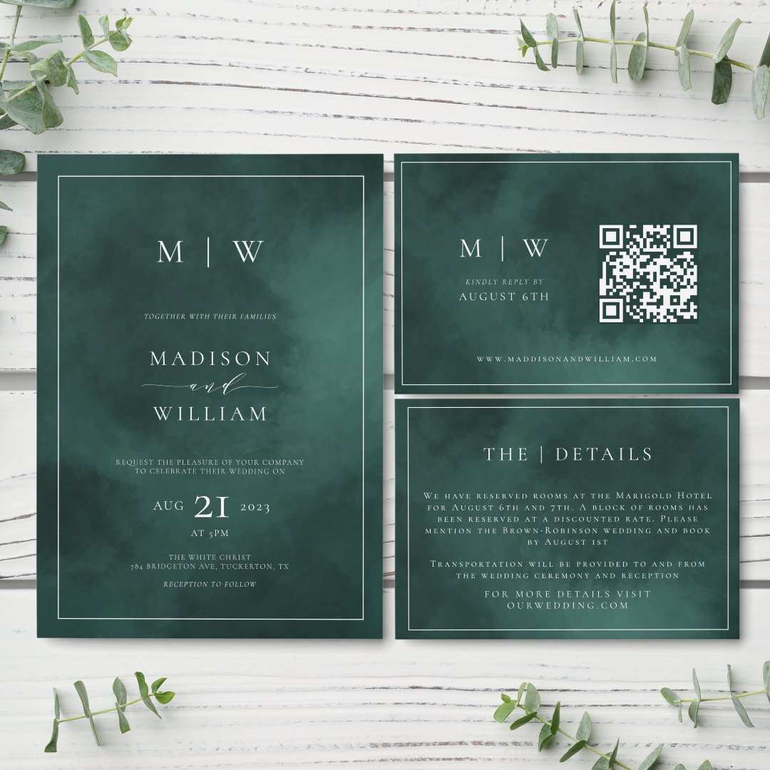 Emerald Green Monogram & Border Elegant Wedding Invitation | Zazzle