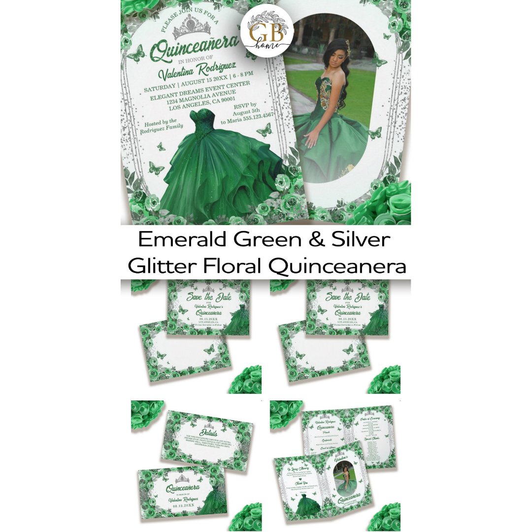Emerald Green Silver Glitter Floral Quinceanera Classic Round Sticker ...