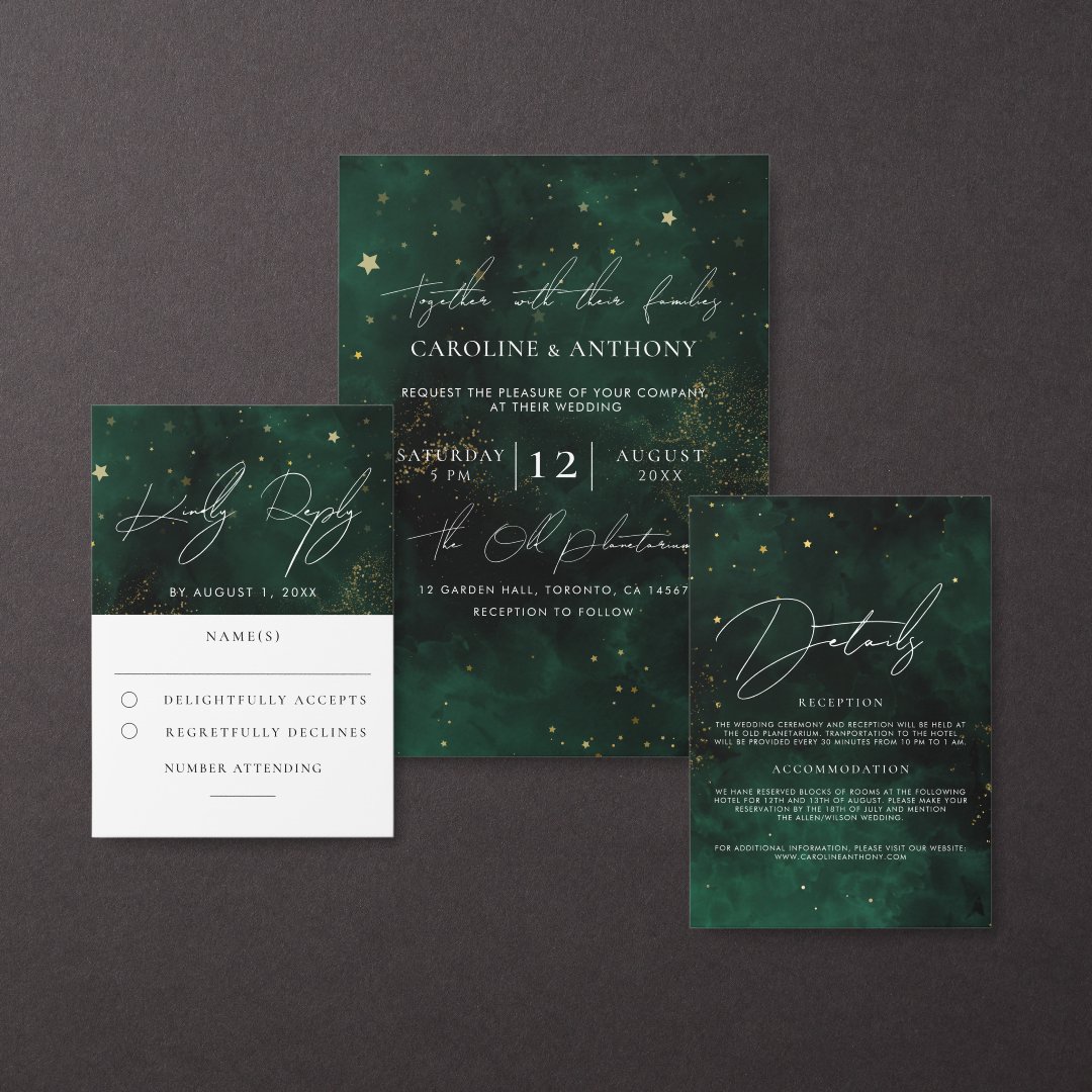 Elegant Emerald Green Black Watercolor Wedding Invitation | Zazzle