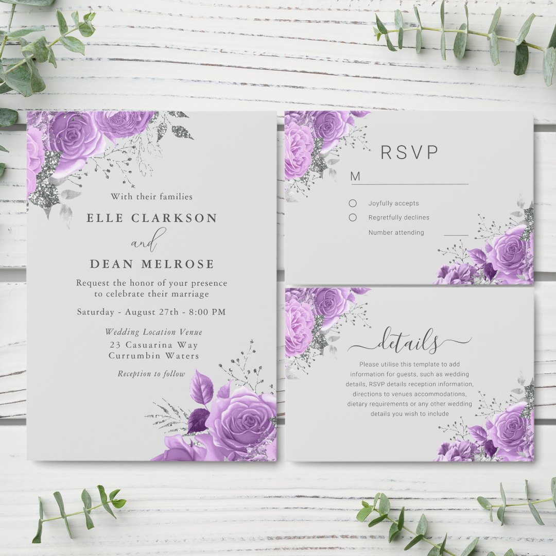 Lavender Purple & Silver Floral Elegant Wedding Acrylic Invitations ...