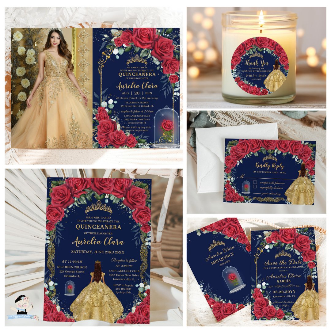 Vintage Quinceañera Enchanted Red Rose Navy Blue Invitation | Zazzle