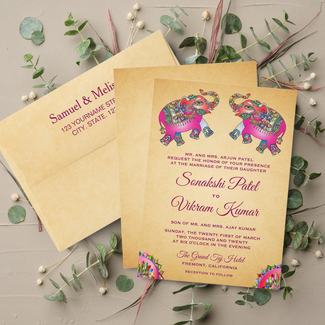 Vibrant Ethnic Pink Elephants Indian Wedding Invitation | Zazzle
