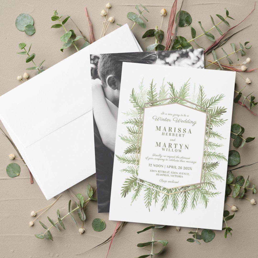 Winter evergreen foliage watercolor blue wedding menu | Zazzle