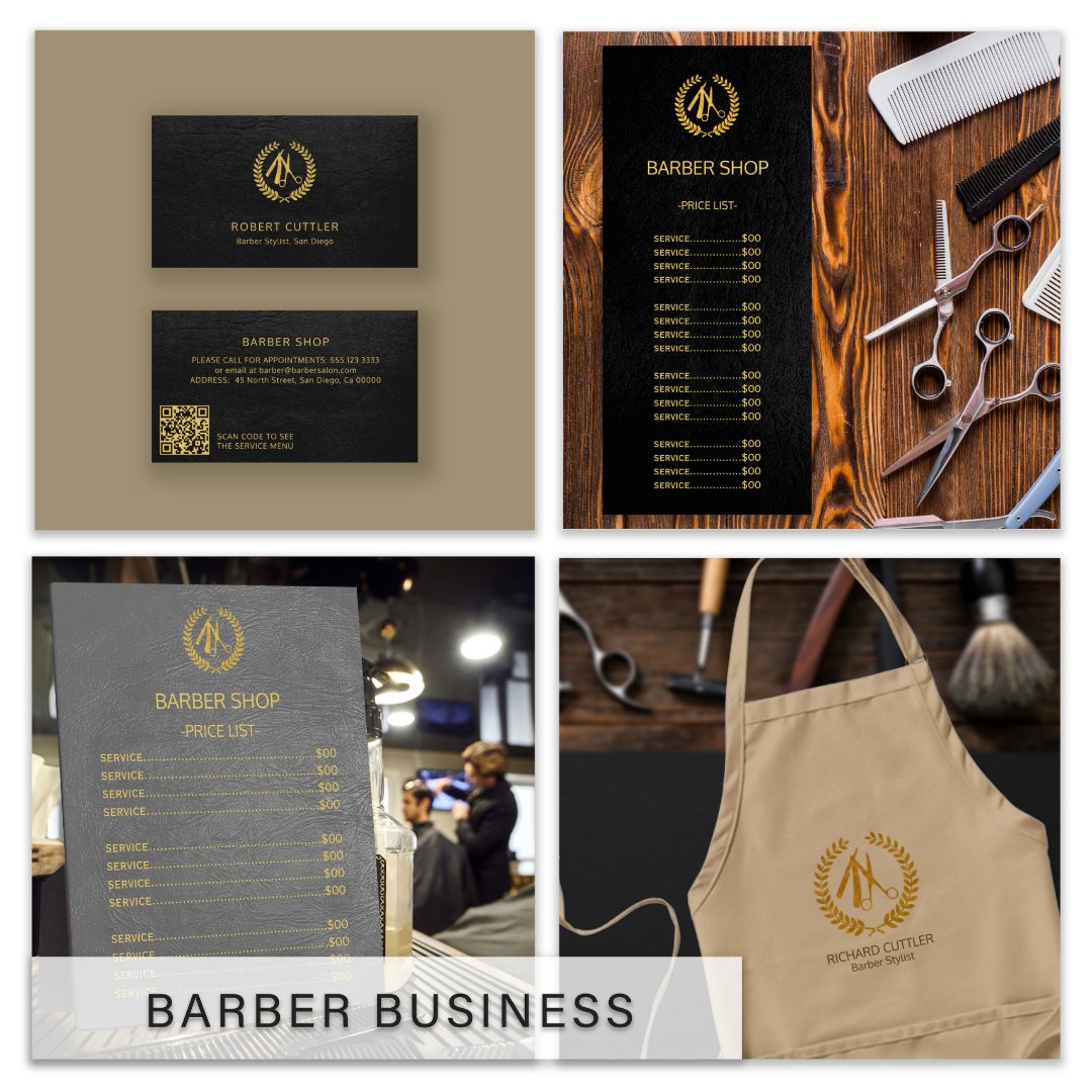 QR CODE barbershop LOGO elegant black gold Business Card | Zazzle