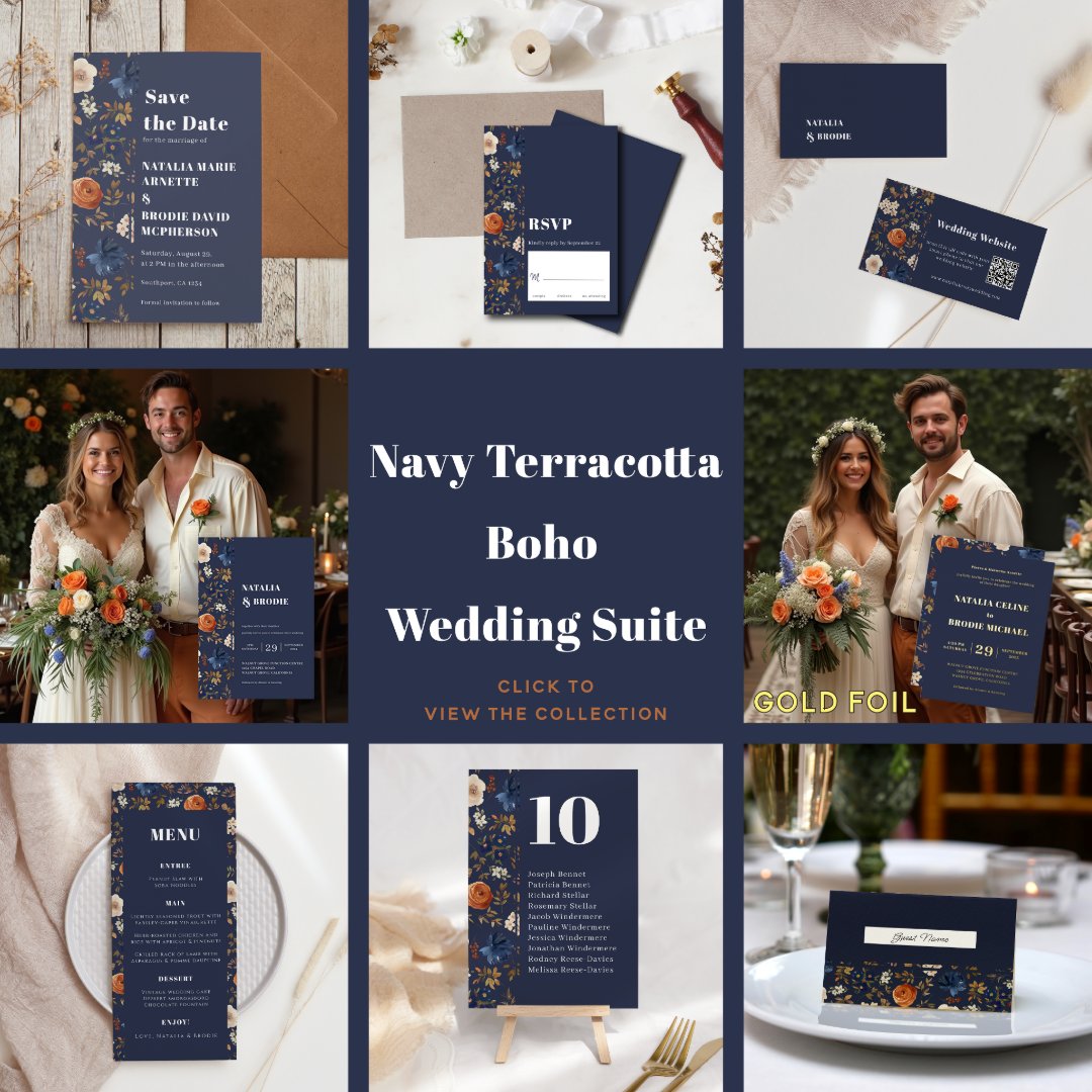 Navy Terracotta Boho Wedding Invitation | Zazzle