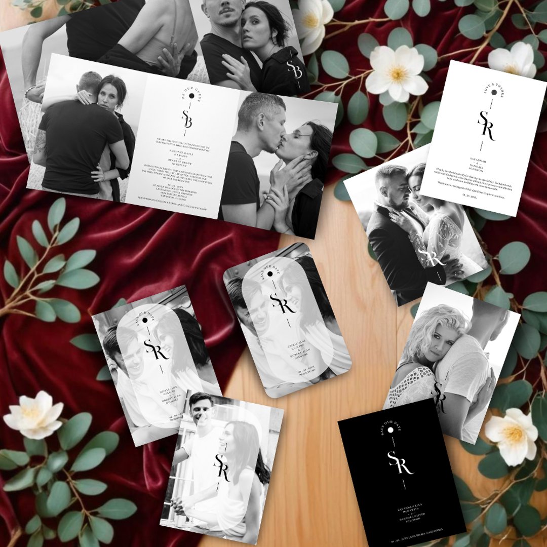 Exquisite Minimalist Black White Wedding 4 Photos Tri-Fold Invitation | Zazzle