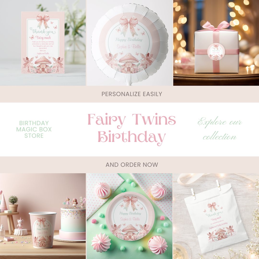 Twins Fairy Girls Mushroom House Ribbon Birthday Thank You Card | Zazzle