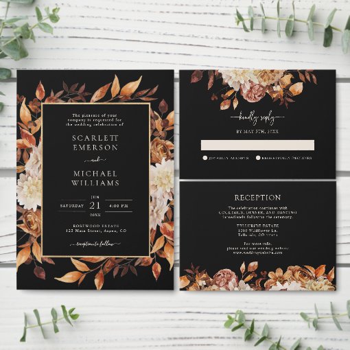 Black Fall Floral Wedding Invitation | Zazzle