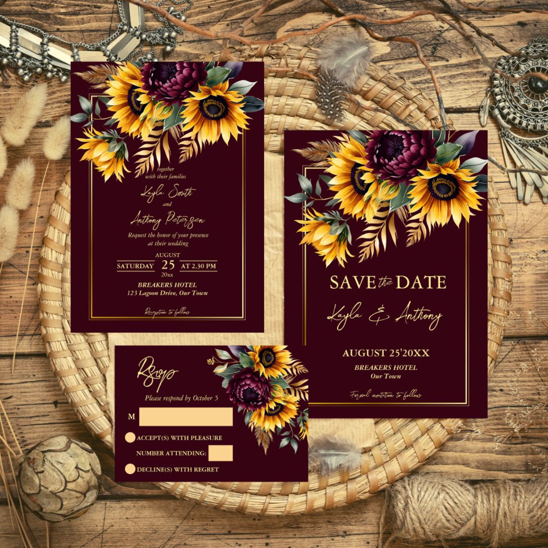 Fall summer wedding burgundy sunflowers all in one invitation | Zazzle