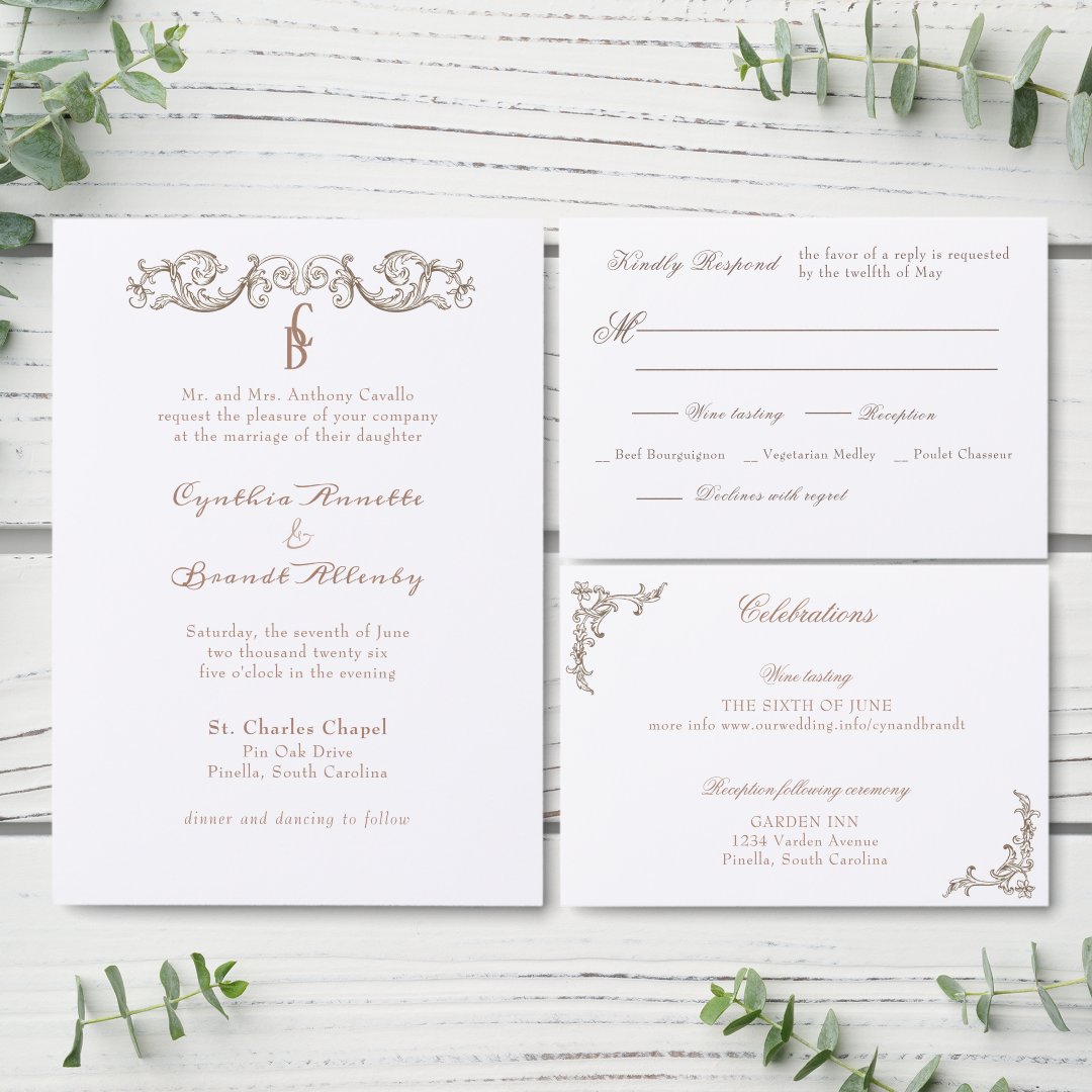 Rococo Crest Mocha Monochrome Monogram Invitation | Zazzle