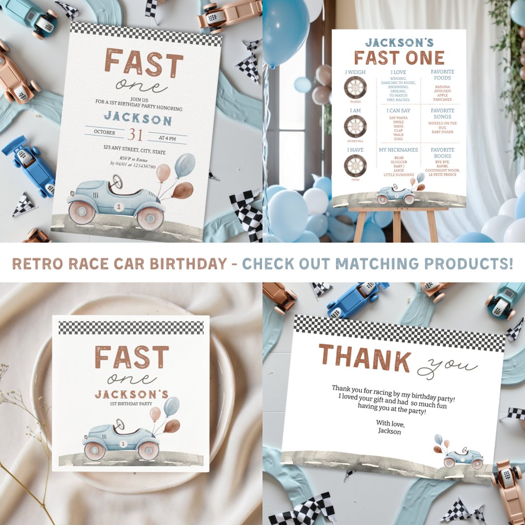 Fast One Racing Car Blue Boy 1st Photo Birthday Invitation | Zazzle