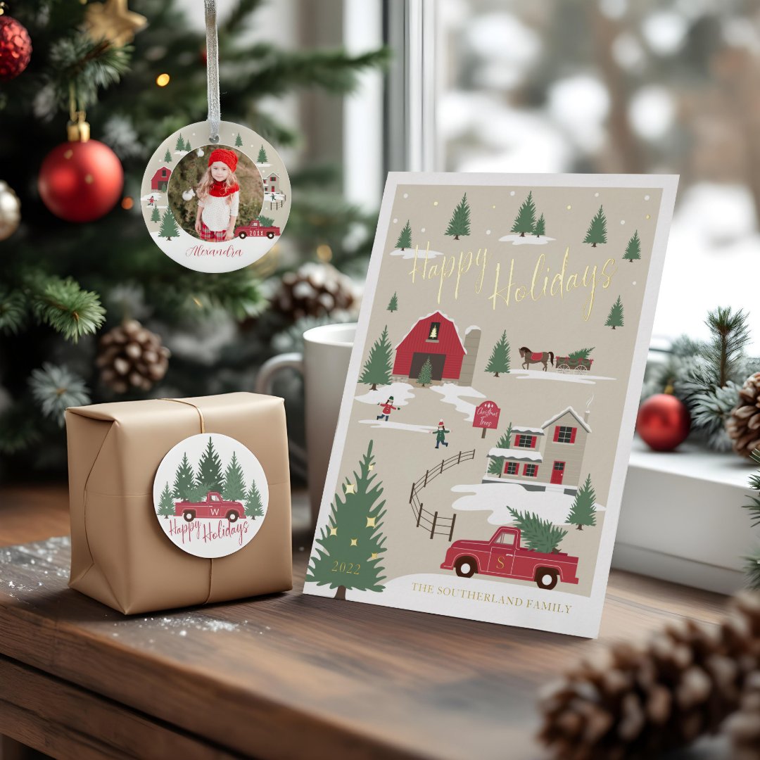 Farm Fresh Christmas Tree Red Vintage Truck Classic Round Sticker | Zazzle