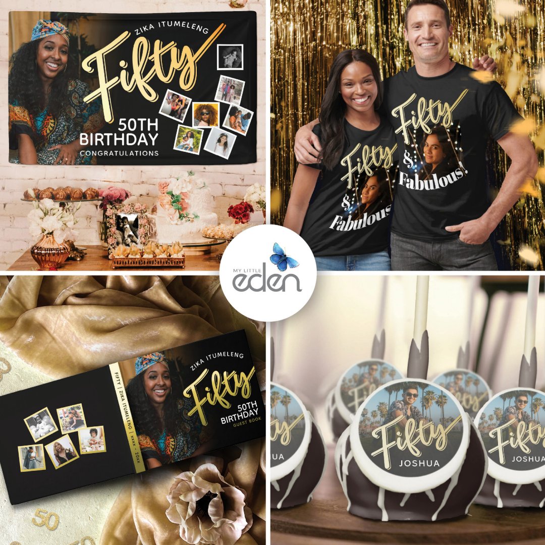 Fifty 50th Birthday photo script flat gold color Invitation | Zazzle