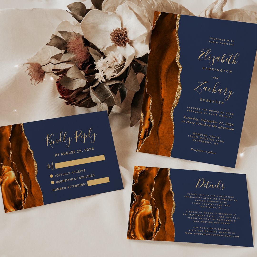 Modern Burnt Orange Gold Agate Navy Blue Wedding Invitation | Zazzle