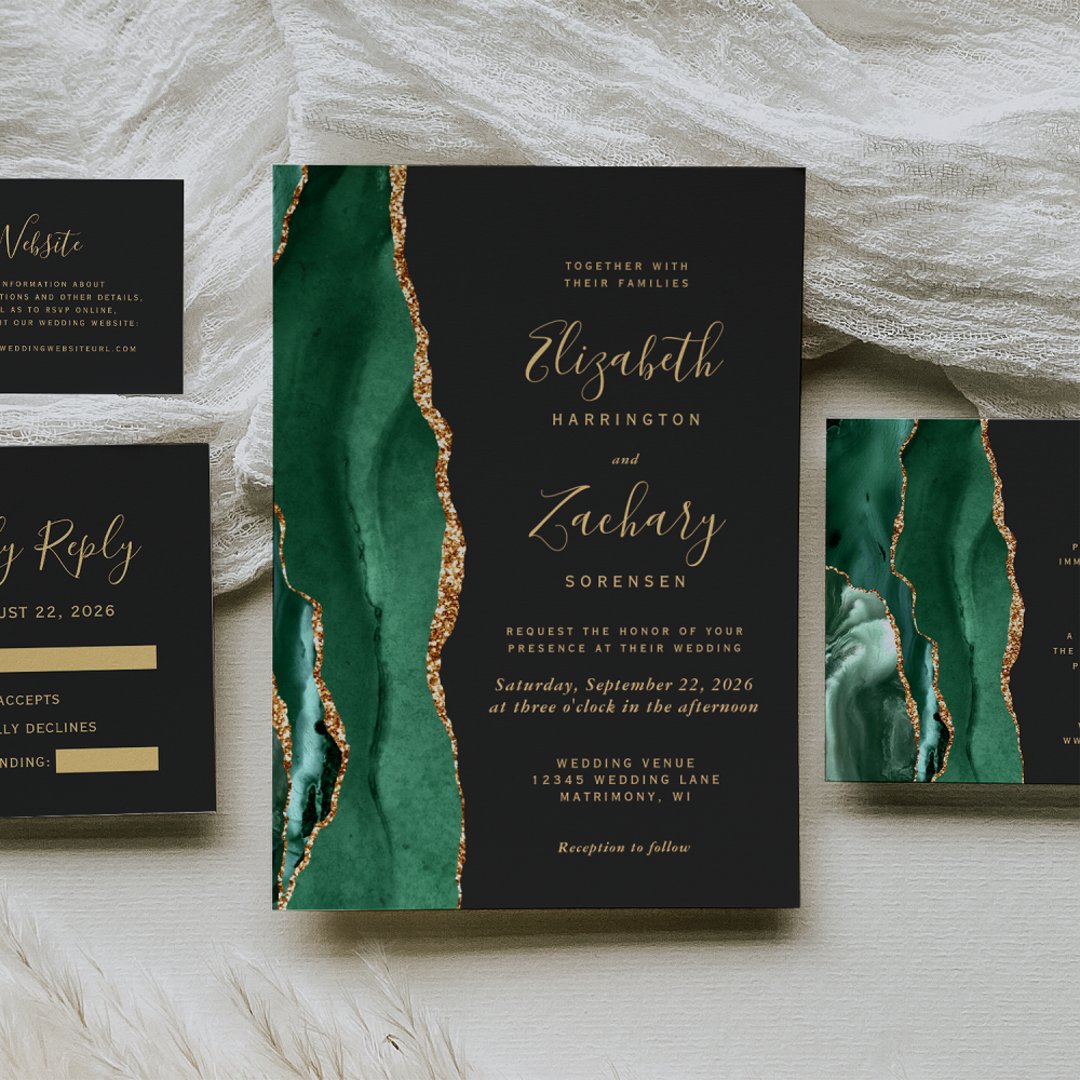 Modern Emerald Green Gold Agate Photo Dark Wedding Invitation | Zazzle