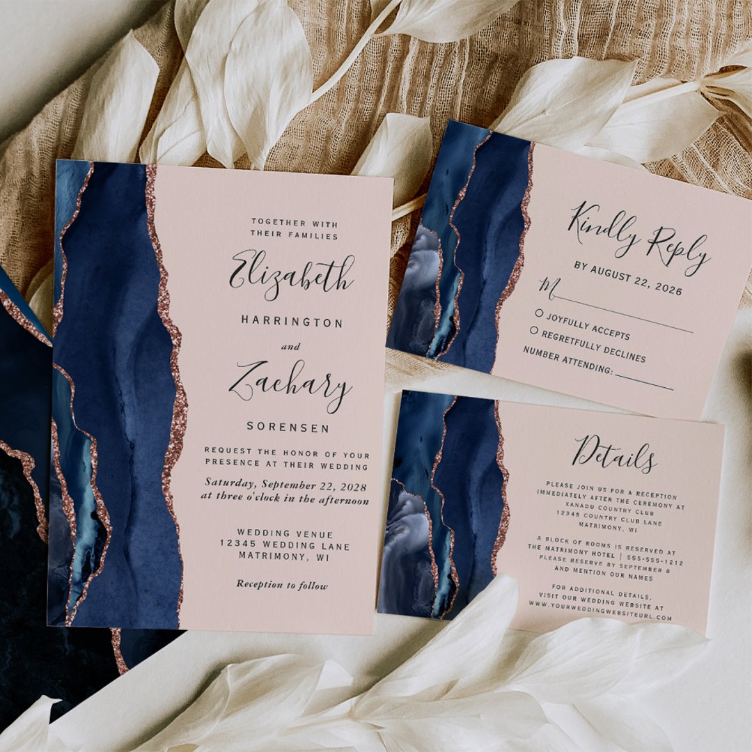Navy Blue Rose Gold Agate Blush Wedding RSVP | Zazzle