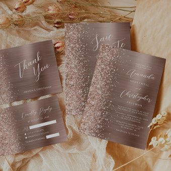 Budget Rose Gold Glam Glitter Wedding Invitation | Zazzle