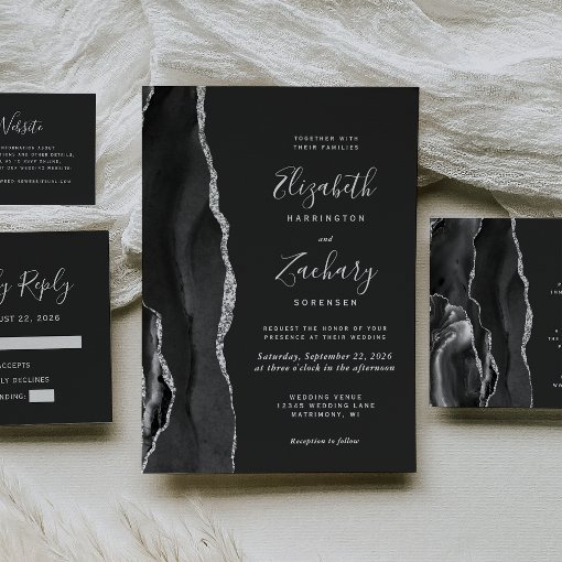 Modern Black Silver Agate Dark Wedding Invitation | Zazzle