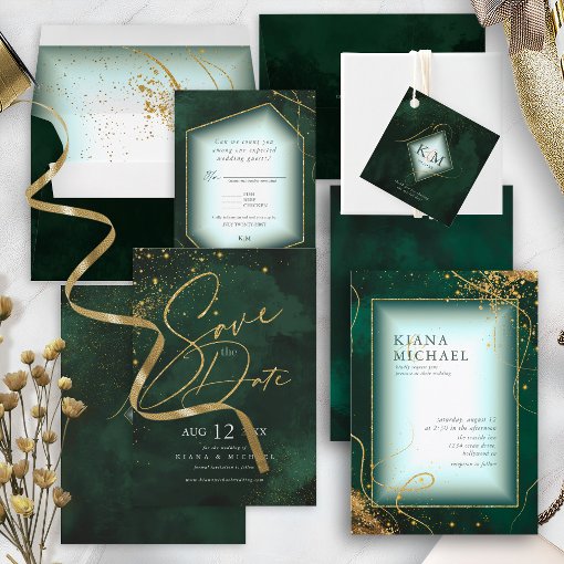 Fine Lines Gold Abstract Wedding V3 Emerald ID867 All In One Invitation ...