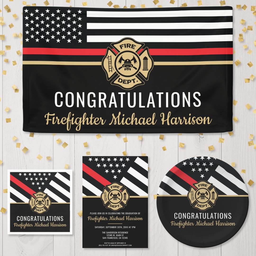 Firefighter Fire Academy Red Line Flag Graduation Invitation Postcard ...
