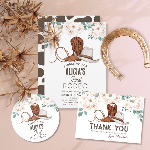 First Rodeo Cowgirl Western Floral 1st Birthday Invitation | Zazzle