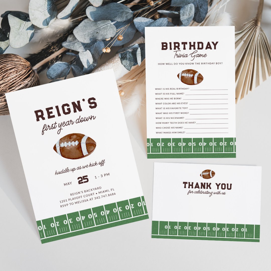 Boy's Football First Year Down 1st Birthday Party Invitation | Zazzle