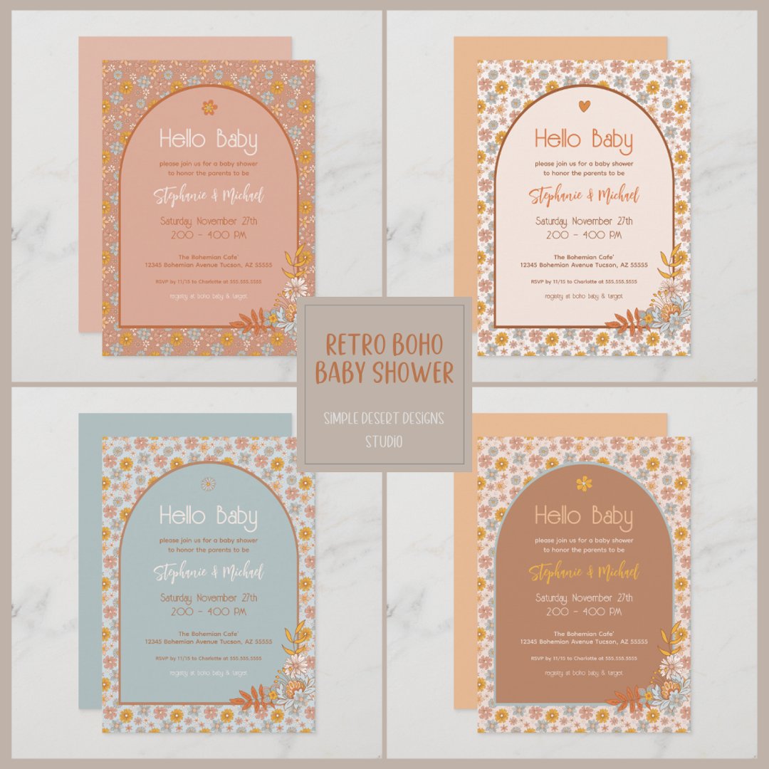 Retro Boho Floral Baby Shower Invitation | Zazzle