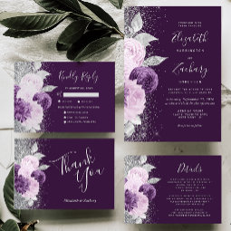 Floral Deep Purple Silver Glitter Wedding Invitation | Zazzle
