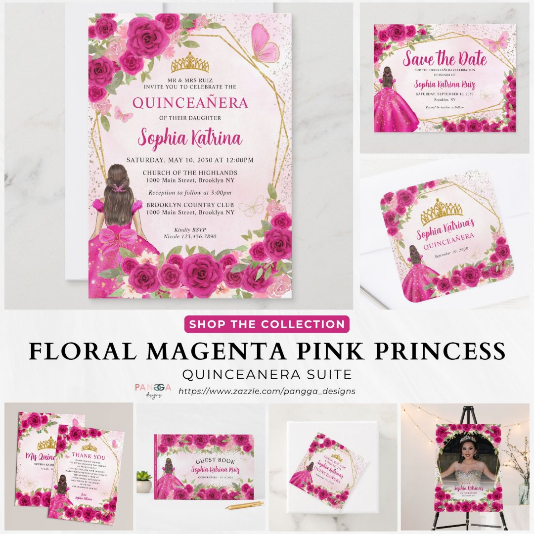 Magenta Pink Glam Gold Floral Princess Quinceañera Invitation Postcard ...