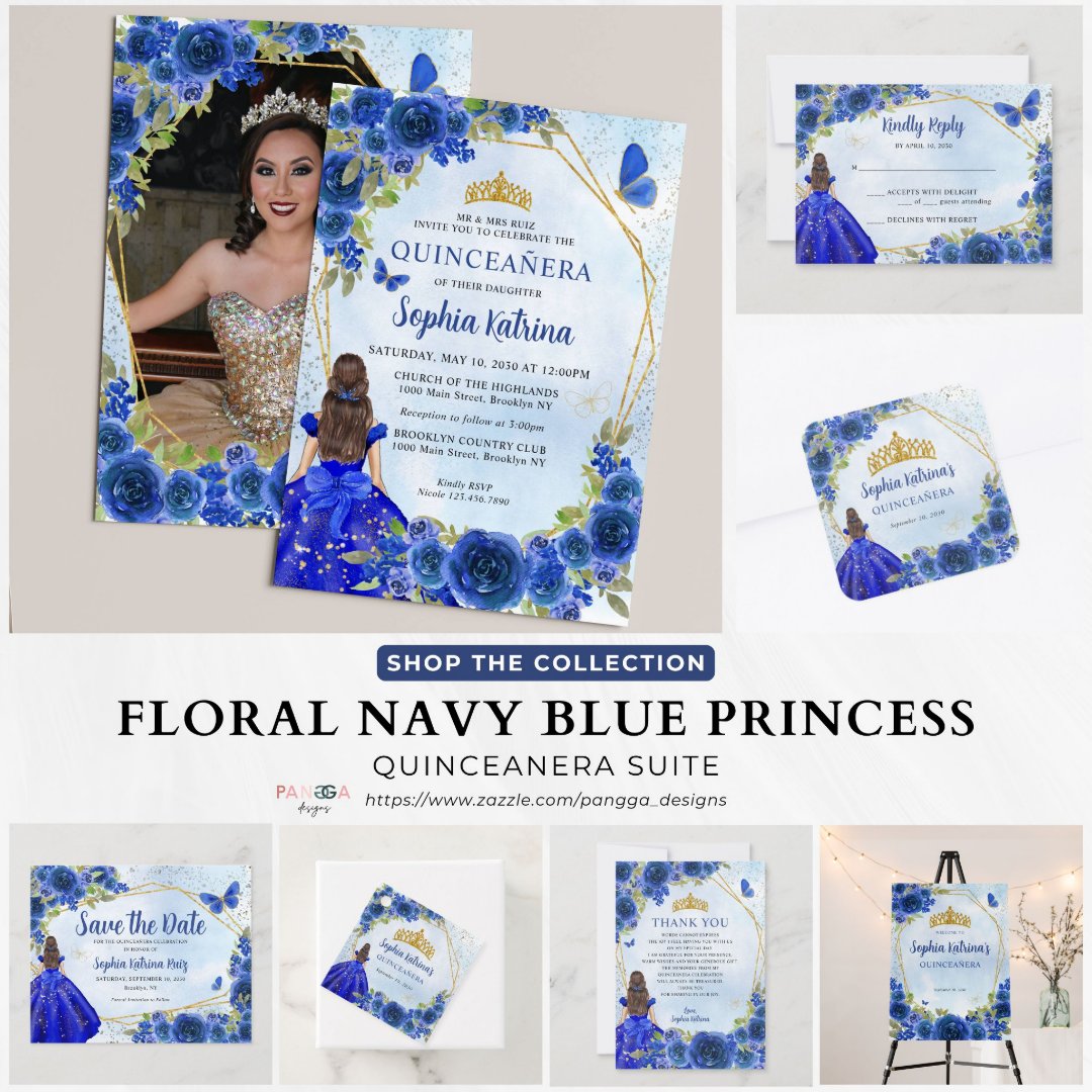 Budget Navy Blue Gold Floral Princess Quinceañera | Zazzle