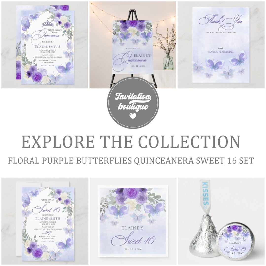 Rustic Floral Purple Lilac Butterflies Quinceanera Invitation | Zazzle