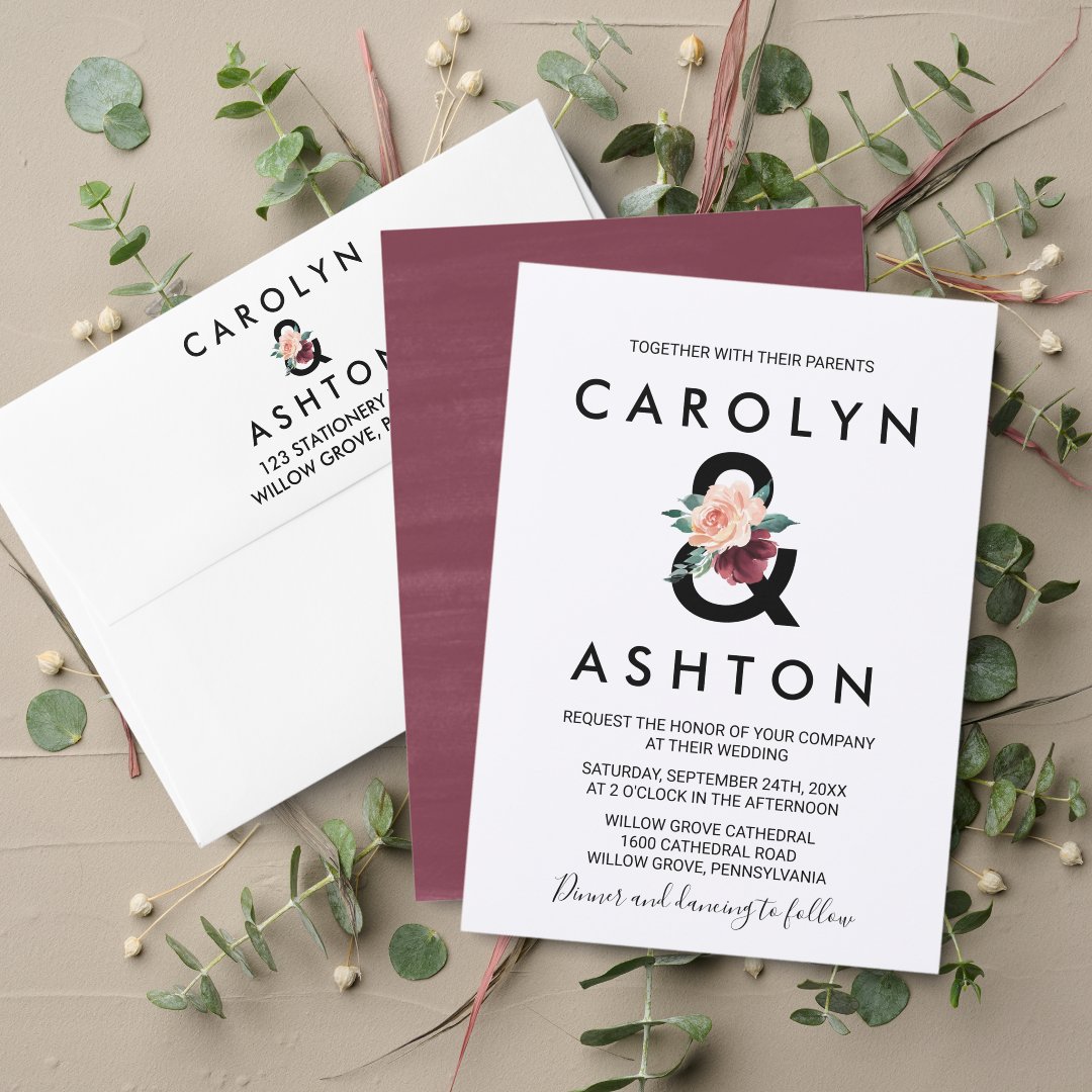 Flower Lettering | Maroon Kissing Menu Invitation | Zazzle