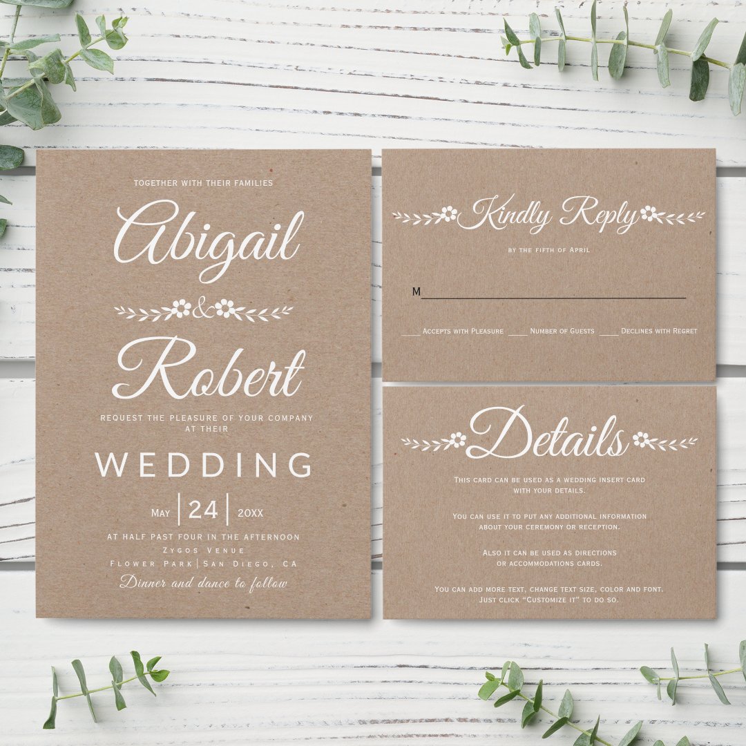 Elegant typography kraft paper rustic wedding Tri-Fold invitation | Zazzle