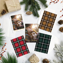 Gold merry christmas red and green plaid photo holiday card | Zazzle