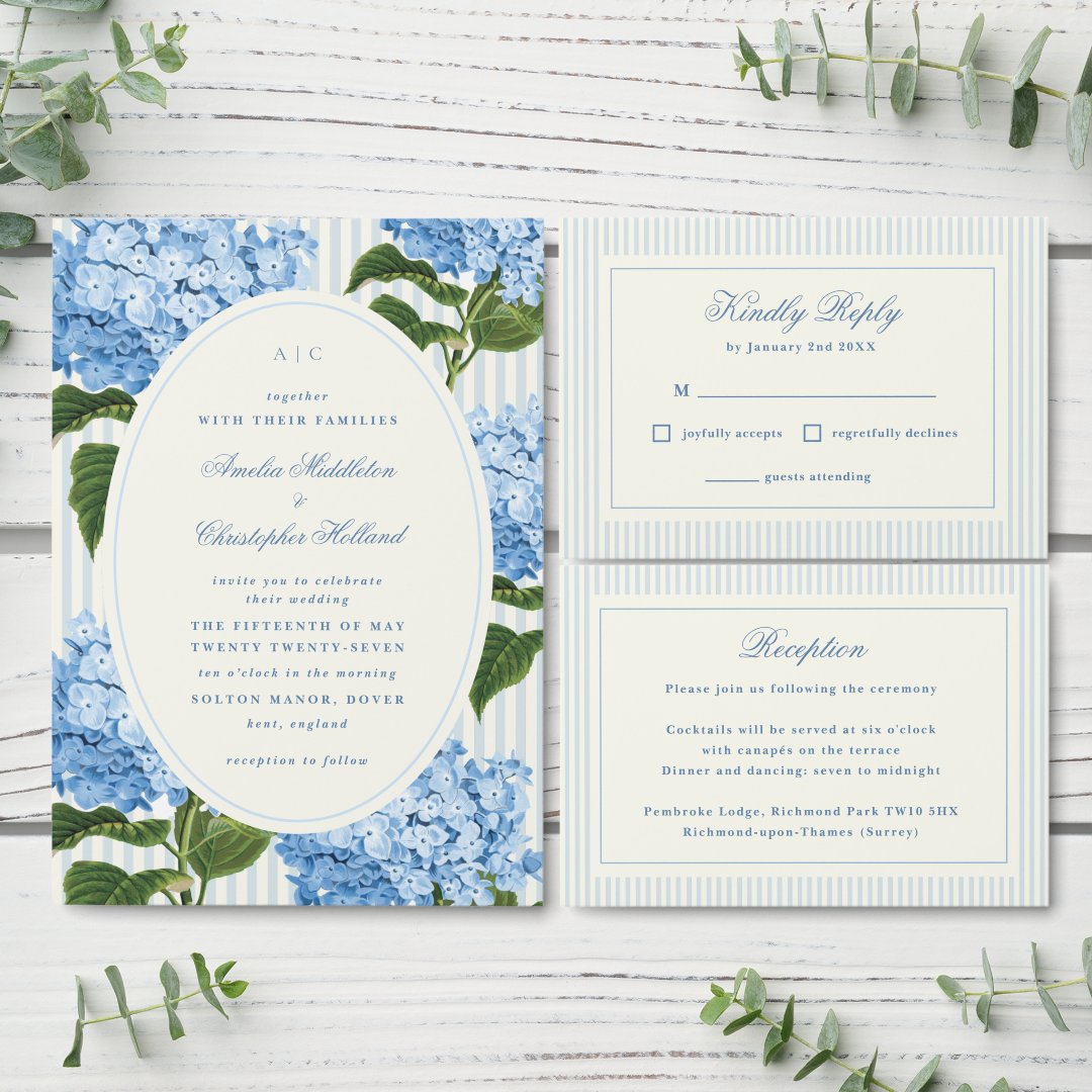 Formal Blue Preppy Hydrangea Garden Wedding Invitation | Zazzle