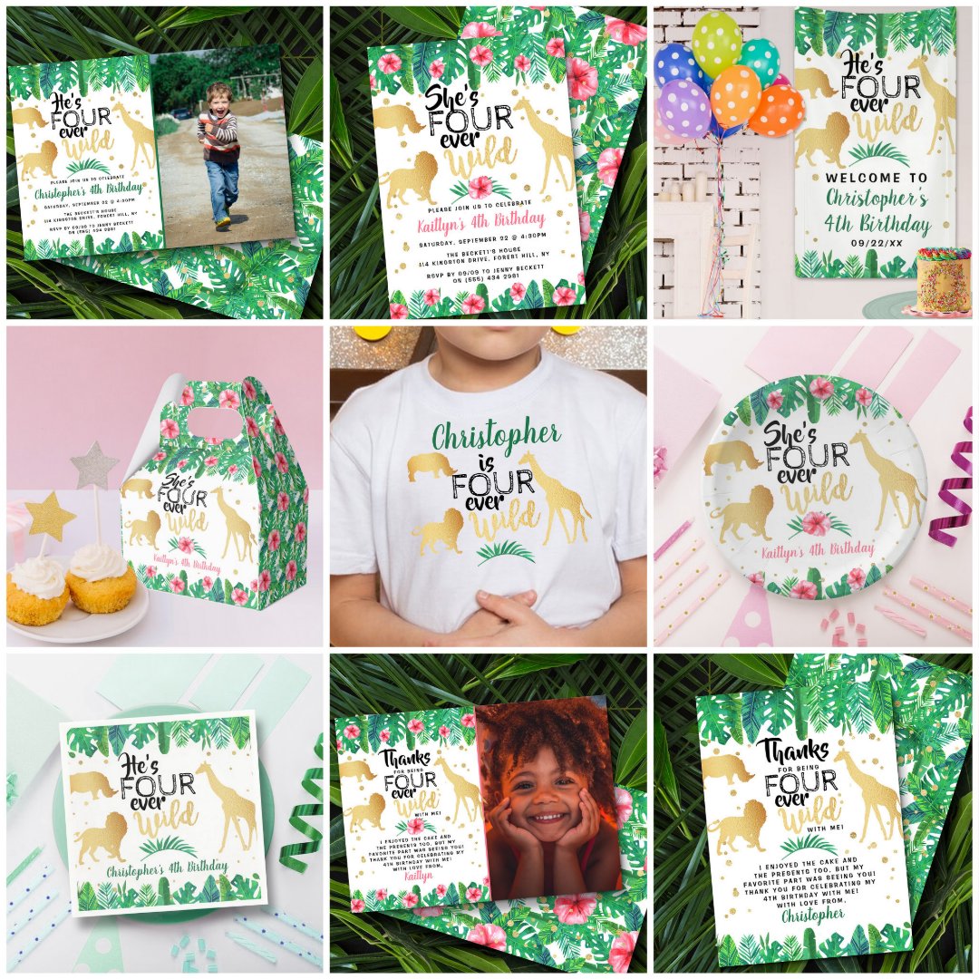 Four Ever Wild Girls 4th Birthday Party Invitation | Zazzle