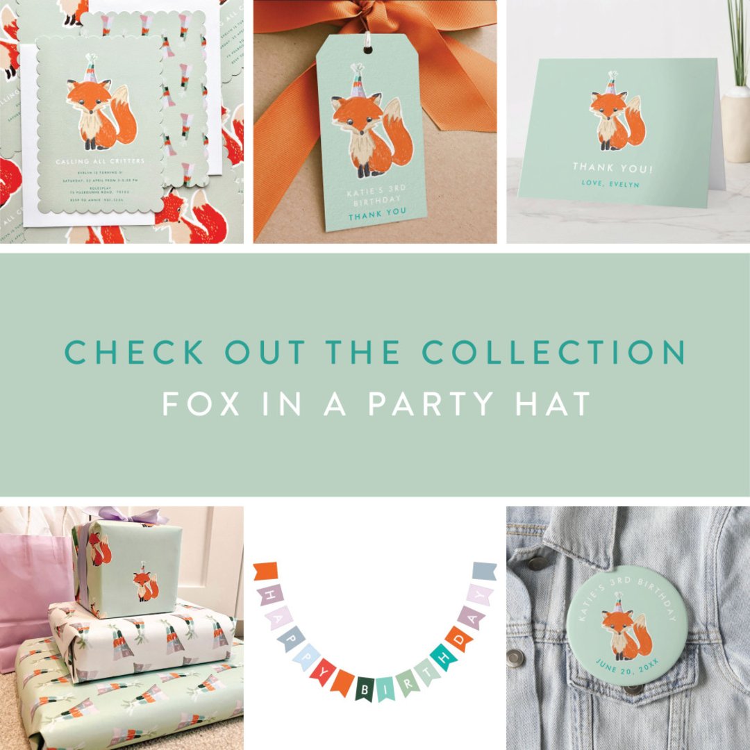 Mint Green Cute Fox Party Hat Illustration Wrapping Paper Sheets | Zazzle