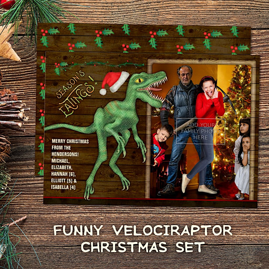 Christmas Family Photo Card | Funny Velociraptor | Zazzle