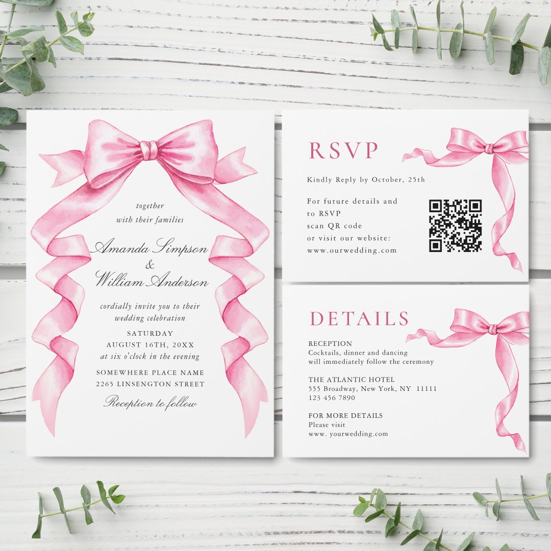 Elegant Gentle Pink Hand Drawn Bow Wedding Details Enclosure Card | Zazzle