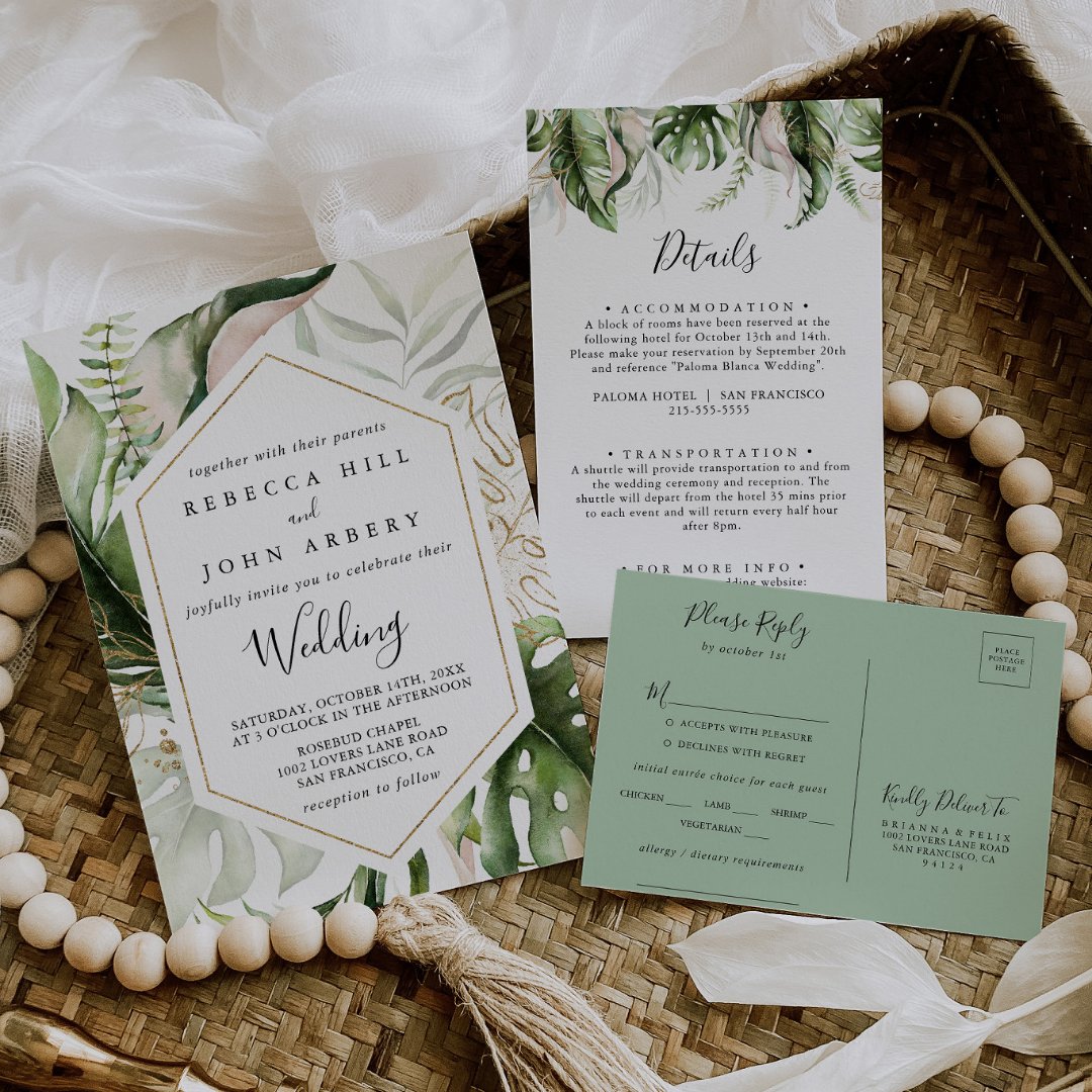 Gold Tropical Greenery Casual Wedding Invitation | Zazzle