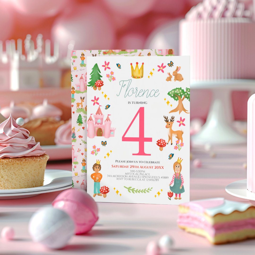 Girls Girly Pink Princess Fairytale Kids Birthday Invitation | Zazzle