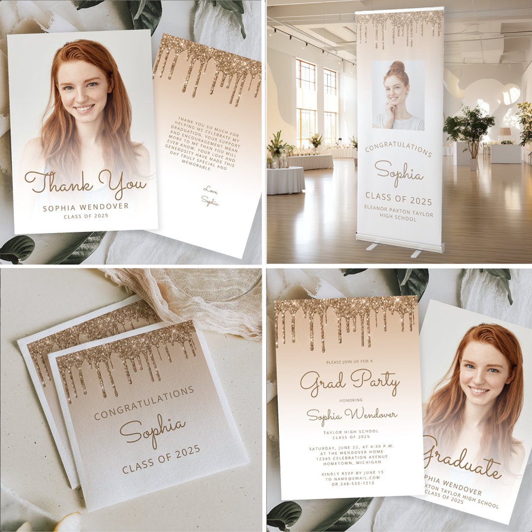 2024 Photo Gold Glitter Drip Graduation Yard Sign | Zazzle