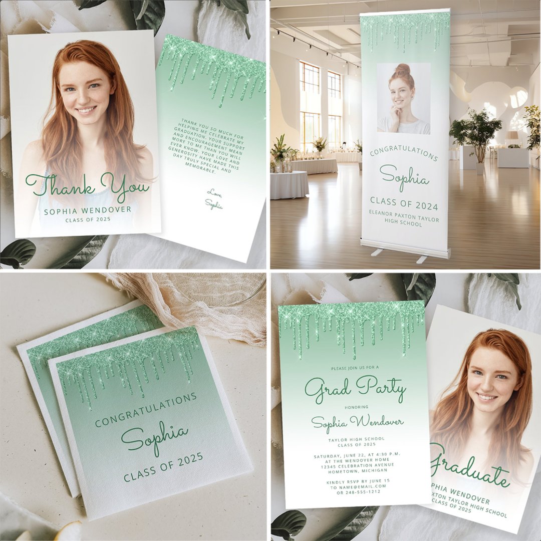 Class of 2024 Green Glitter Photo Graduation Retractable Banner | Zazzle