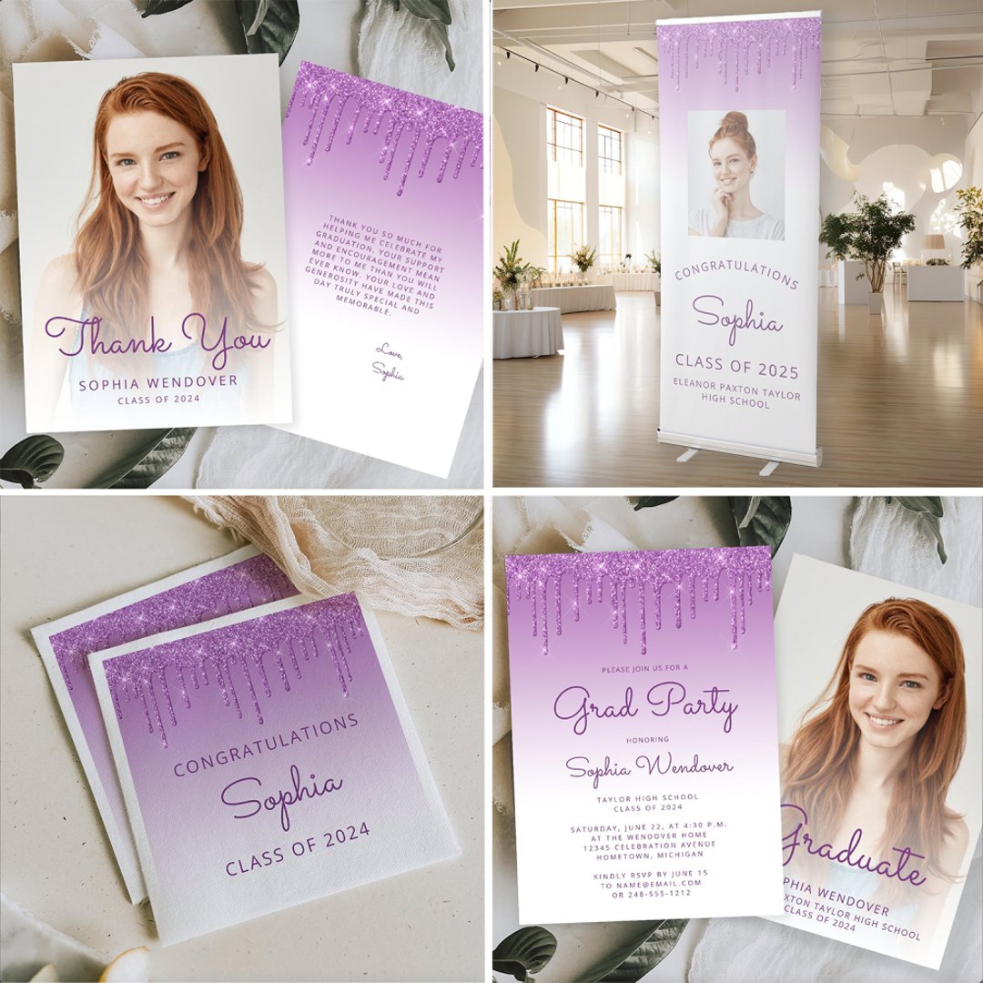 Class of 2024 Purple Glitter Drip Graduation Napkins | Zazzle
