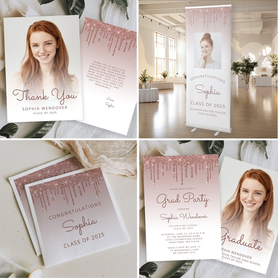 2024 Chic Rose Gold Glitter Drip Graduation Banner | Zazzle
