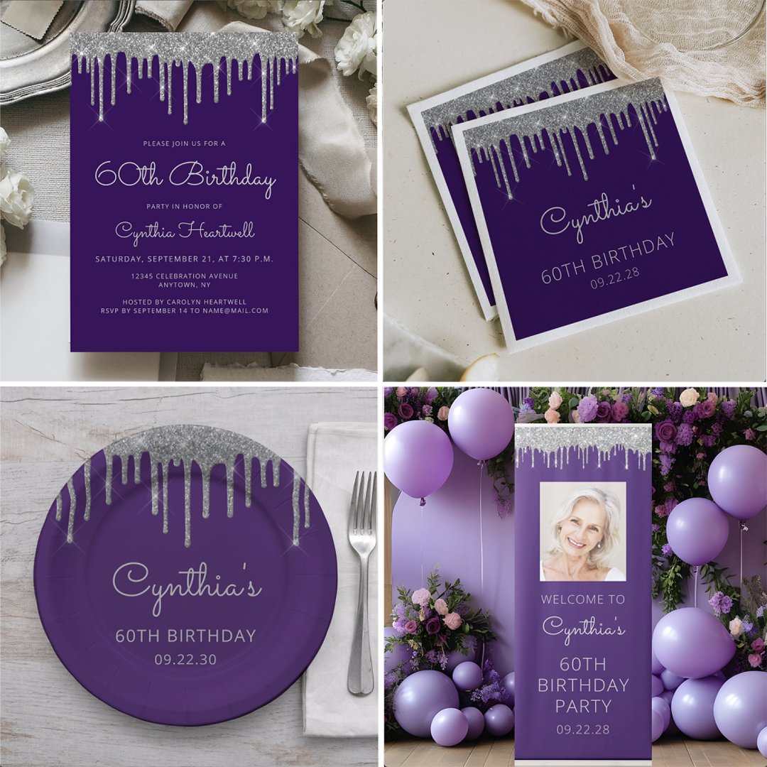 Purple Silver Glitter Drip Photo 60th Birthday Retractable Banner | Zazzle