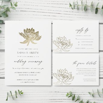 GLAMOROUS GOLD WHITE KRAFT LOTUS FLORAL WEDDING INVITATION | Zazzle